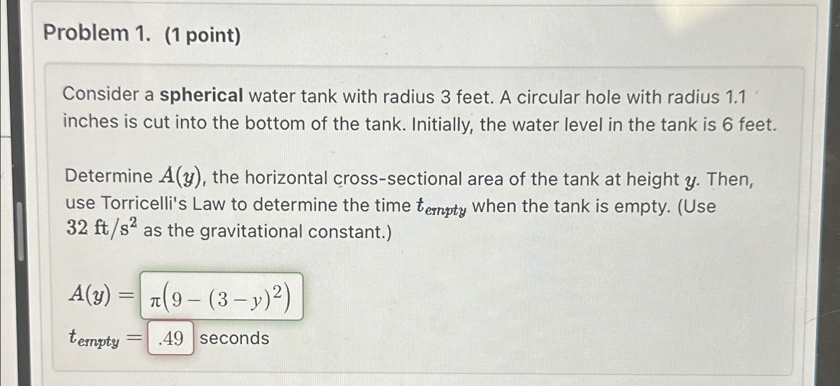 Solved Problem 1. (1 ﻿point)Consider a spherical water tank | Chegg.com