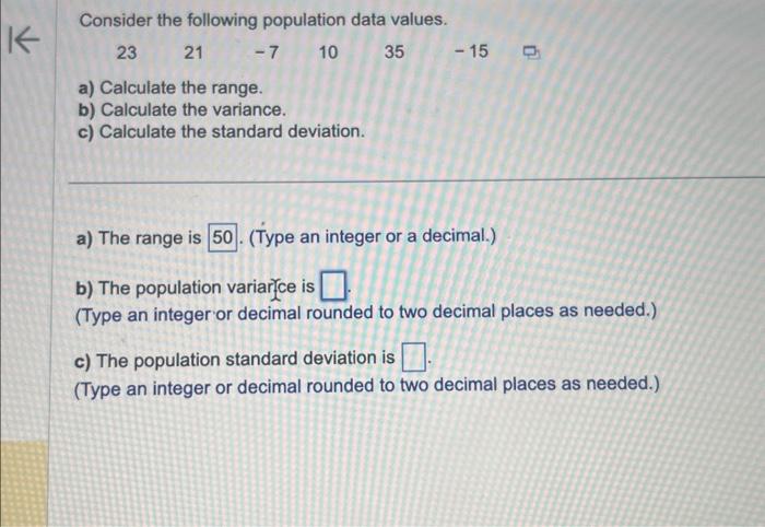Solved Consider the following population data values. | Chegg.com