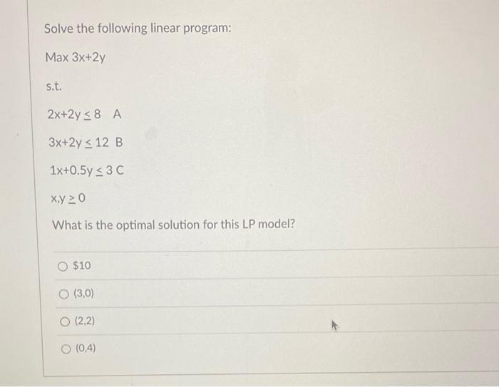 Solved Solve the following linear program: Max 3x+2y s.t. | Chegg.com
