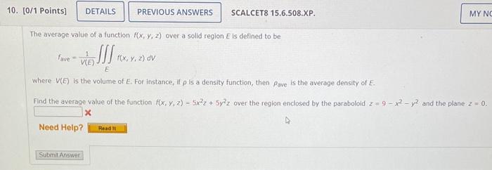 Solved The average value of a function f(x,y,z) over a solid | Chegg.com