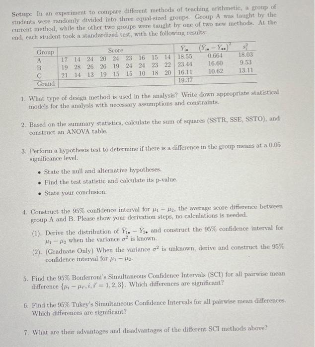 Solved Setup: In an experiment to compare different methods | Chegg.com