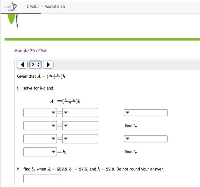 Solved Given that A=(2b2+b1)h i. solve for b2; and | Chegg.com