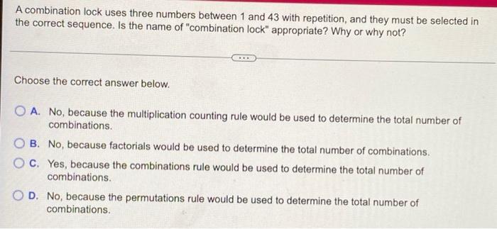Solved A combination lock uses three numbers between 1 and | Chegg.com