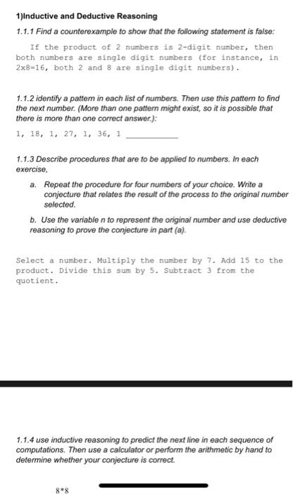 Solved 1)Inductive and Deductive Reasoning 1.1.1 Find a | Chegg.com