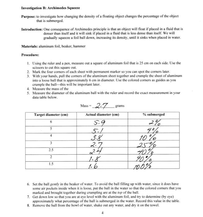 Solved Investigation B: Archimedes Squeeze Purpose: to | Chegg.com
