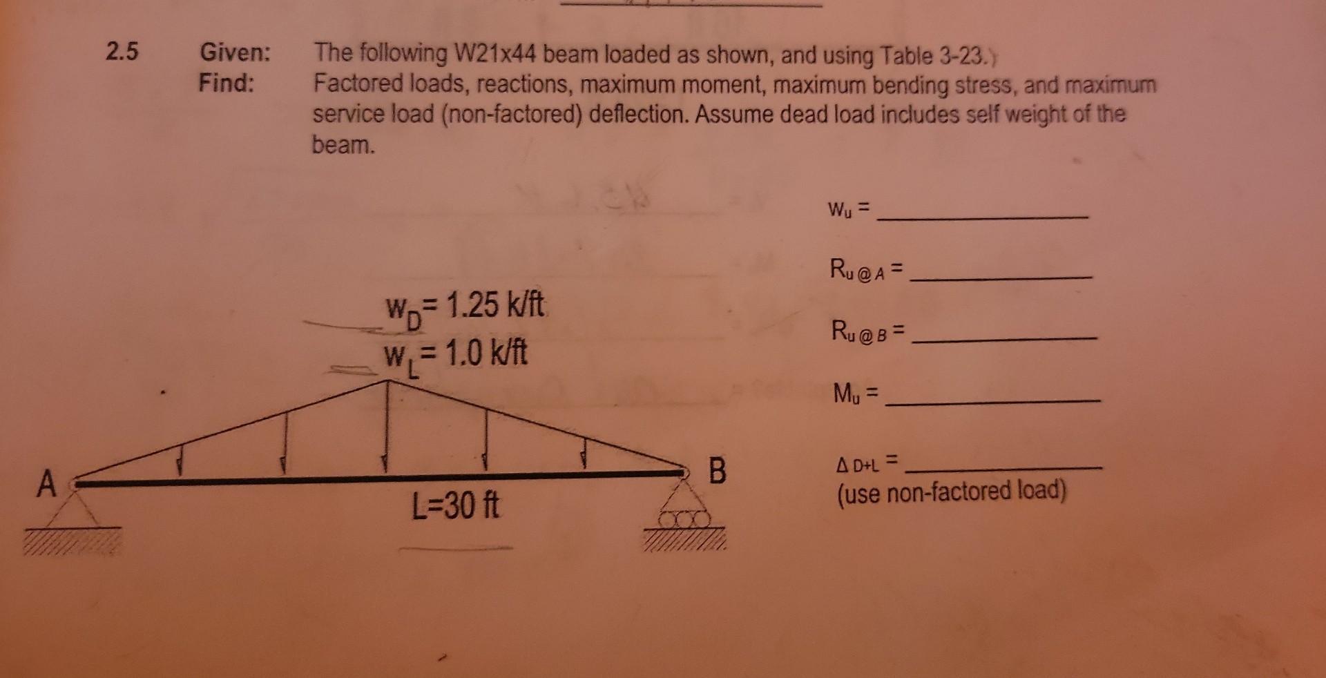 Solved Given: The following W21x44 beam loaded as shown, and | Chegg.com
