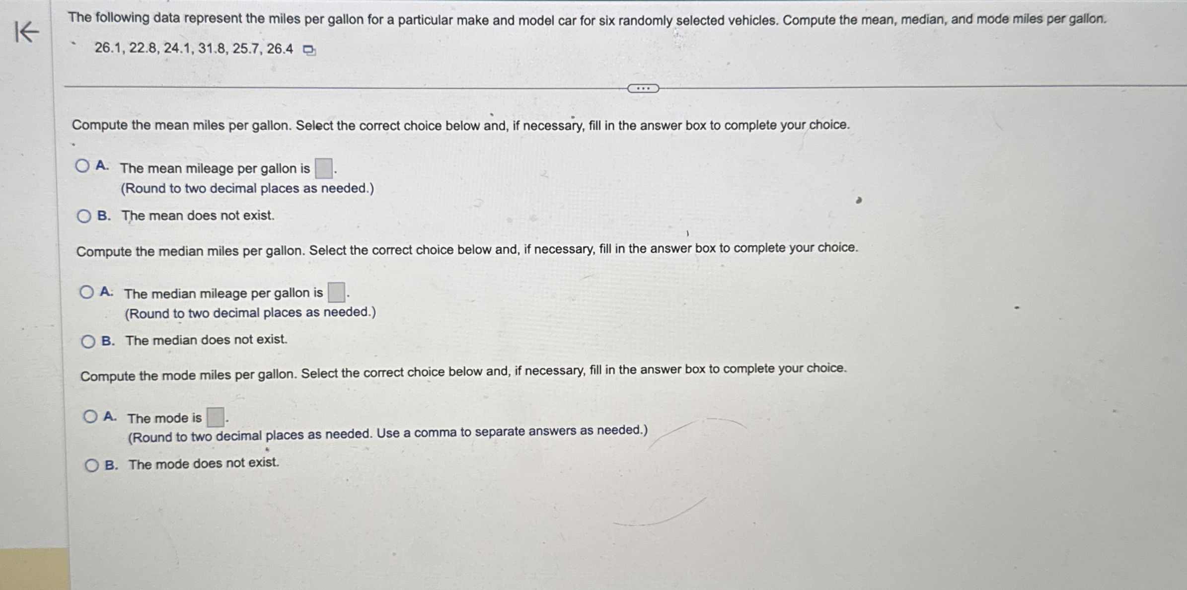 Solved The following data represent the miles per gallon for | Chegg.com