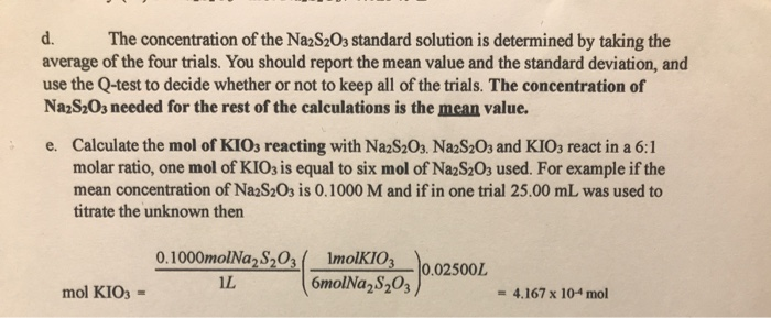 Solved d. The concentration of the Na2S2O3 standard solution | Chegg.com