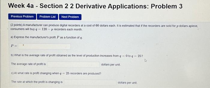 Solved Week 4a - Section 22 Derivative Applications: Problem | Chegg.com