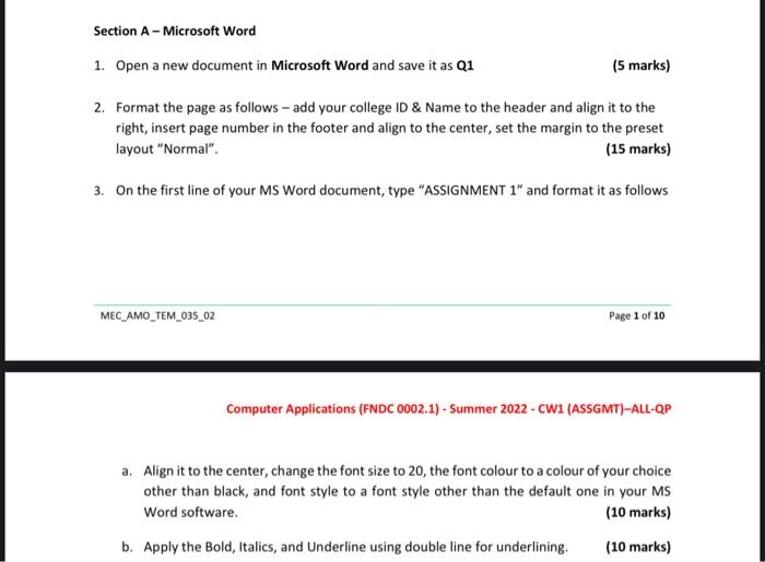 Solved Section A - Microsoft Word 1. Open a new document in | Chegg.com