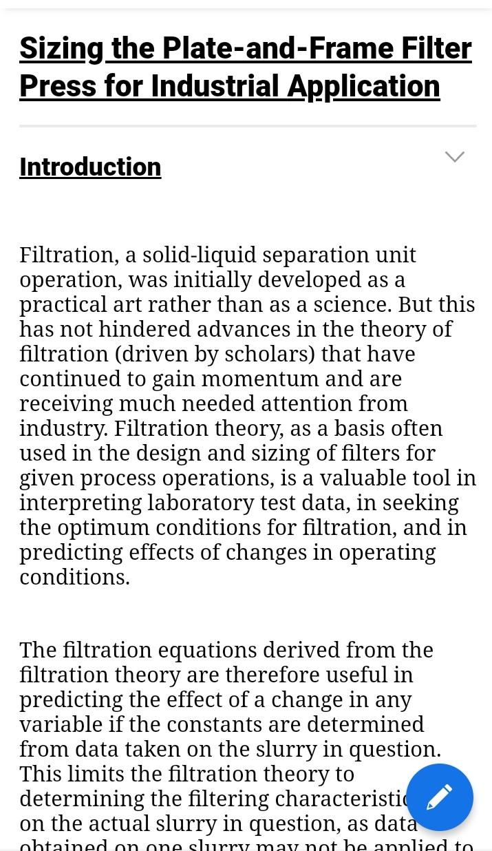 Sizing the Plate-and-Frame Filter Press for | Chegg.com