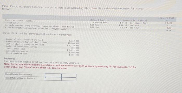 Solved Parker Plastic incorporated, manufactures plastic | Chegg.com