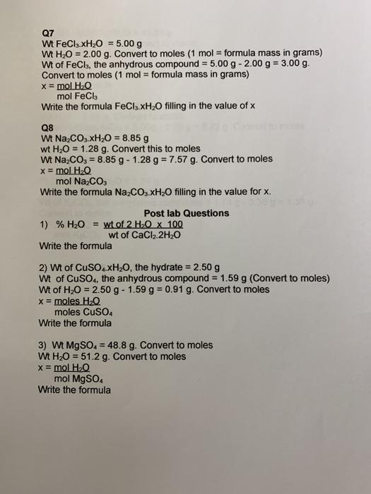 Solved Prelab Questions Q6 a %H20 = mass of 2 H2O X 100 mass | Chegg.com