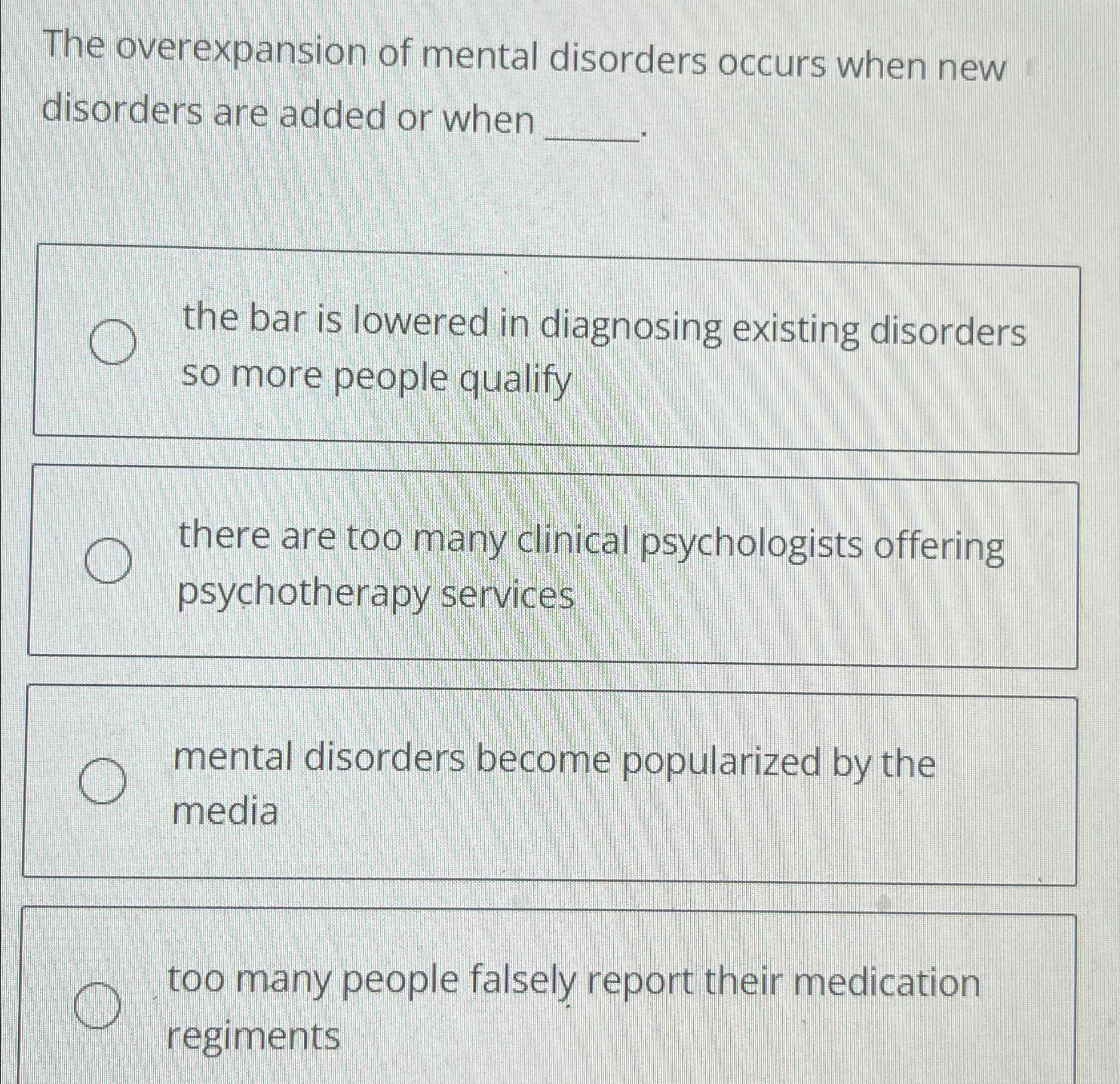 Solved The overexpansion of mental disorders occurs when new | Chegg.com