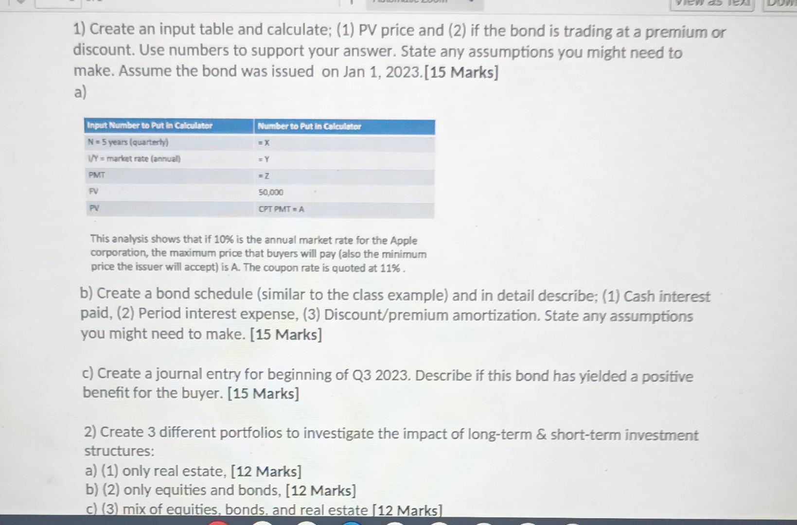 Solved 1) Create an input table and calculate; (1) PV price | Chegg.com