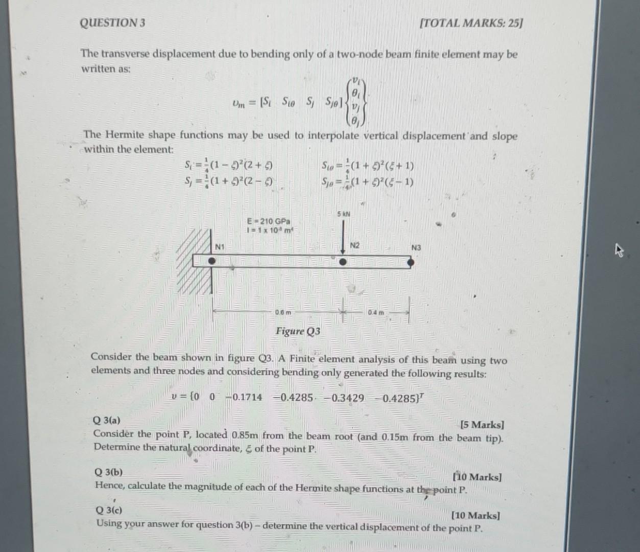 Solved The transverse displacement due to bending only of a | Chegg.com