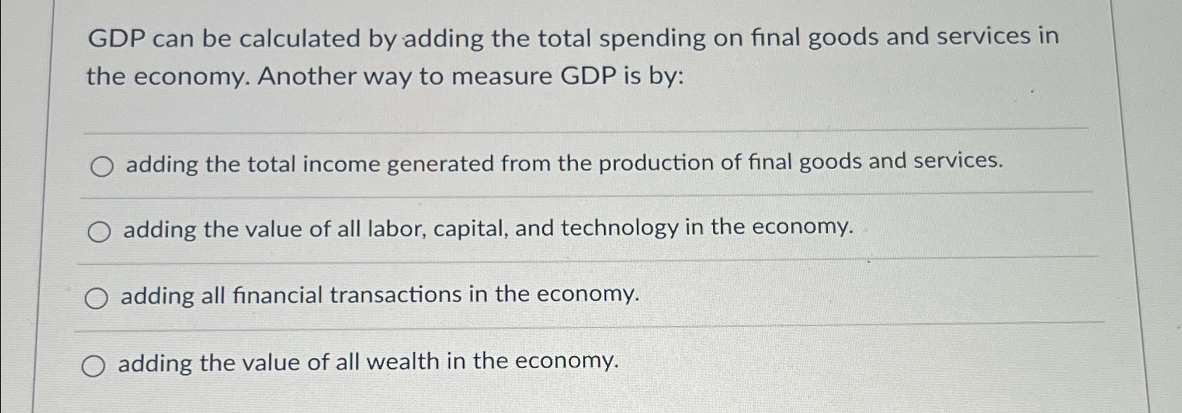 Solved GDP can be calculated by adding the total spending on | Chegg.com