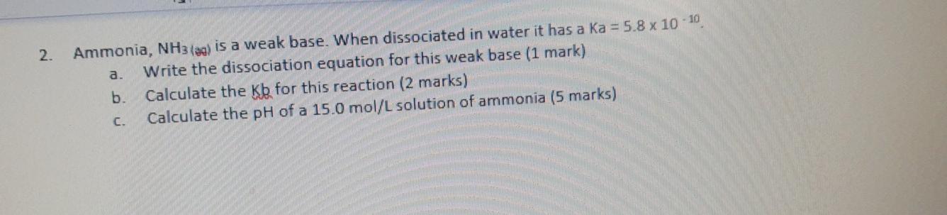 Solved 2. a. Ammonia, NH3(80) is a weak base. When | Chegg.com