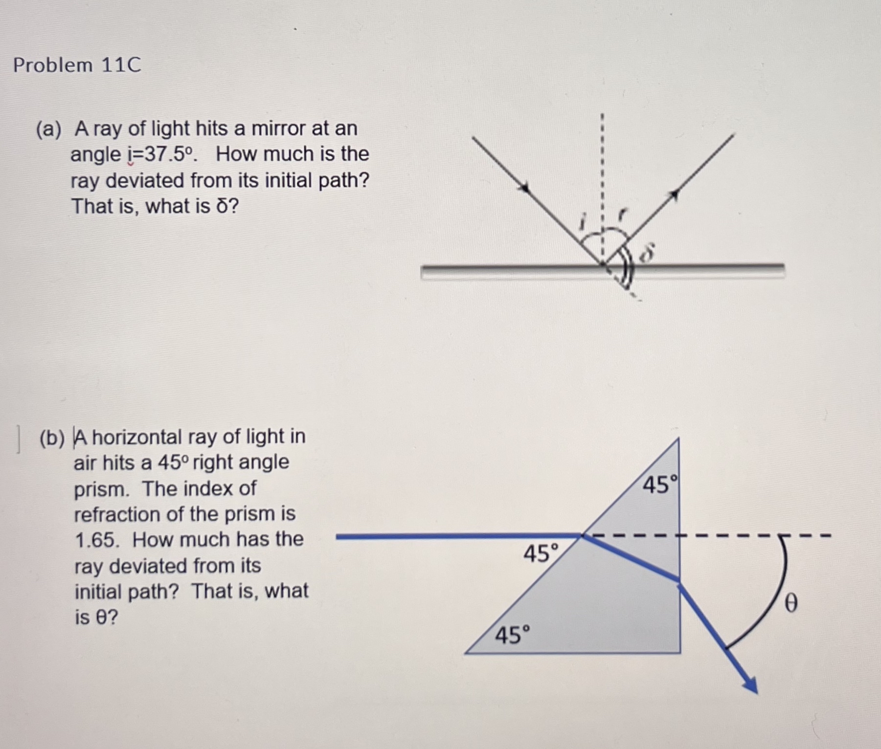 Solved Problem 11C(a) ﻿A ray of light hits a mirror at an | Chegg.com