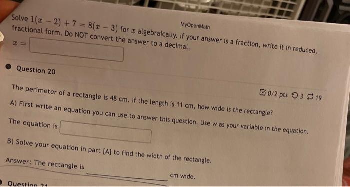 Solved MyOpenMath Solve 1(x - 2) + 7 = 8(x - 3) for a | Chegg.com