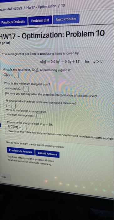 Solved HW17 - Optimization: Problem 7 (point) Results for | Chegg.com
