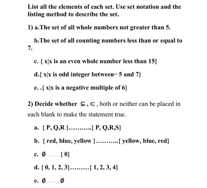 Solved List all the elements of each set. Use set notation | Chegg.com