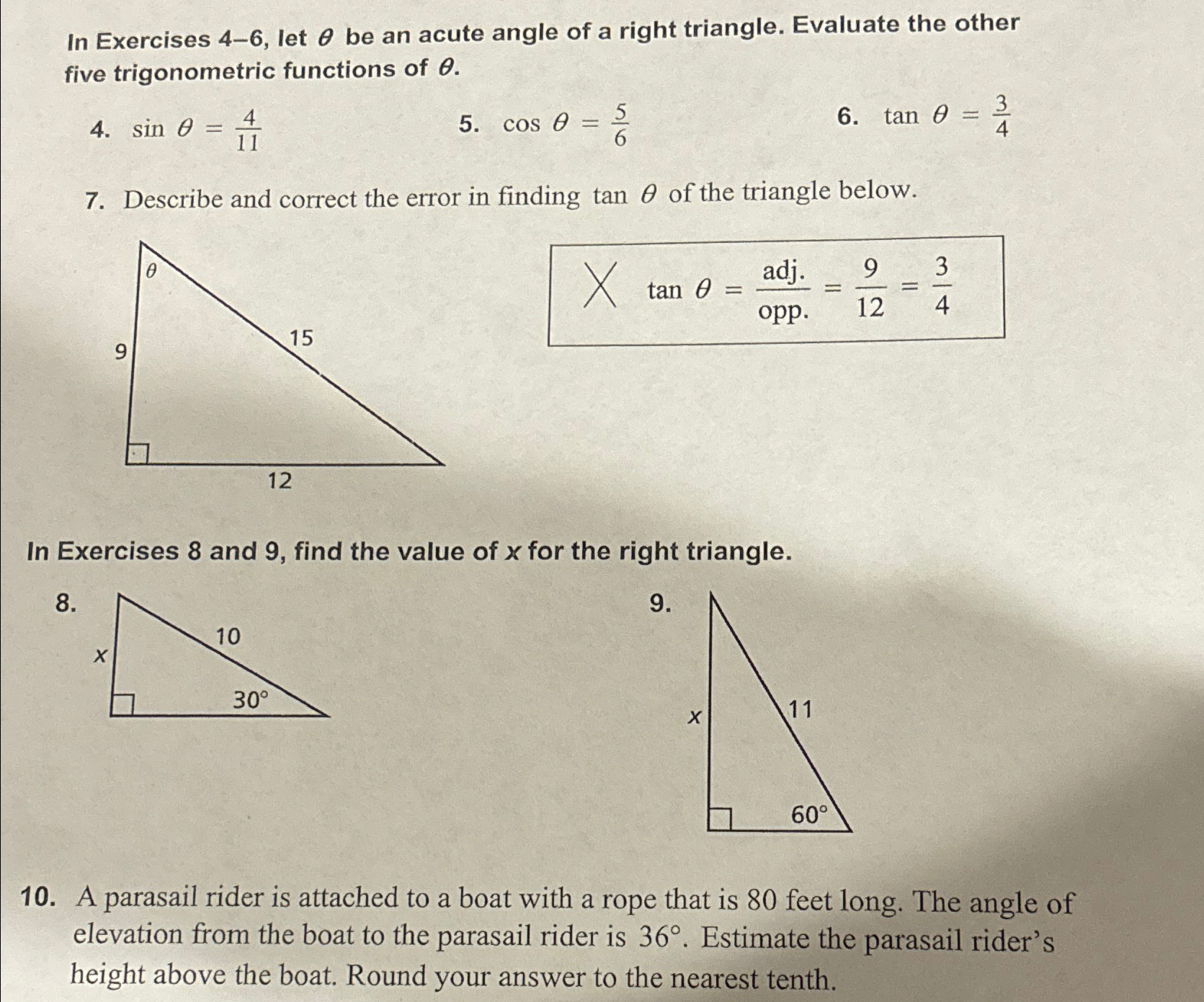 Solved In Exercises 4-6, ﻿let θ ﻿be an acute angle of a | Chegg.com