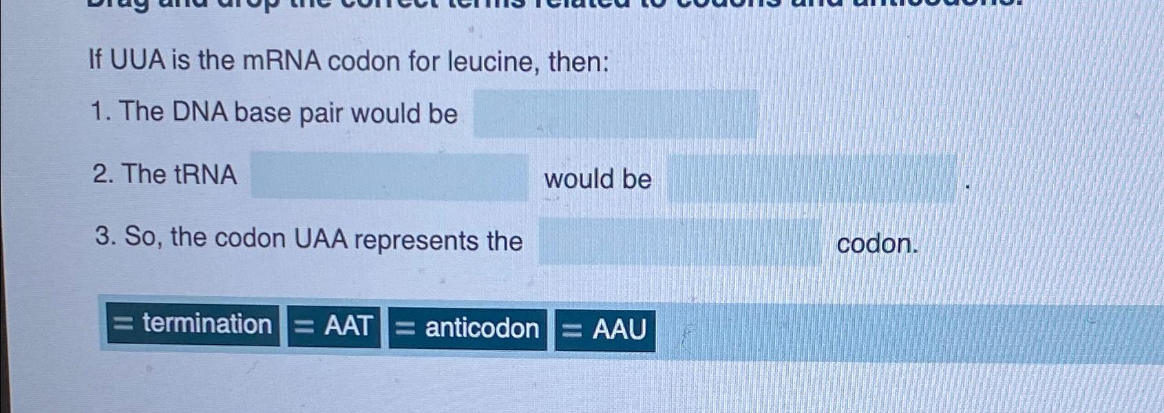 Solved If UUA is the mRNA codon for leucine, then:The DNA | Chegg.com