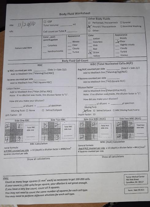 Body Fluid Worksheet 11/2016 Other Body Flulds CSF | Chegg.com
