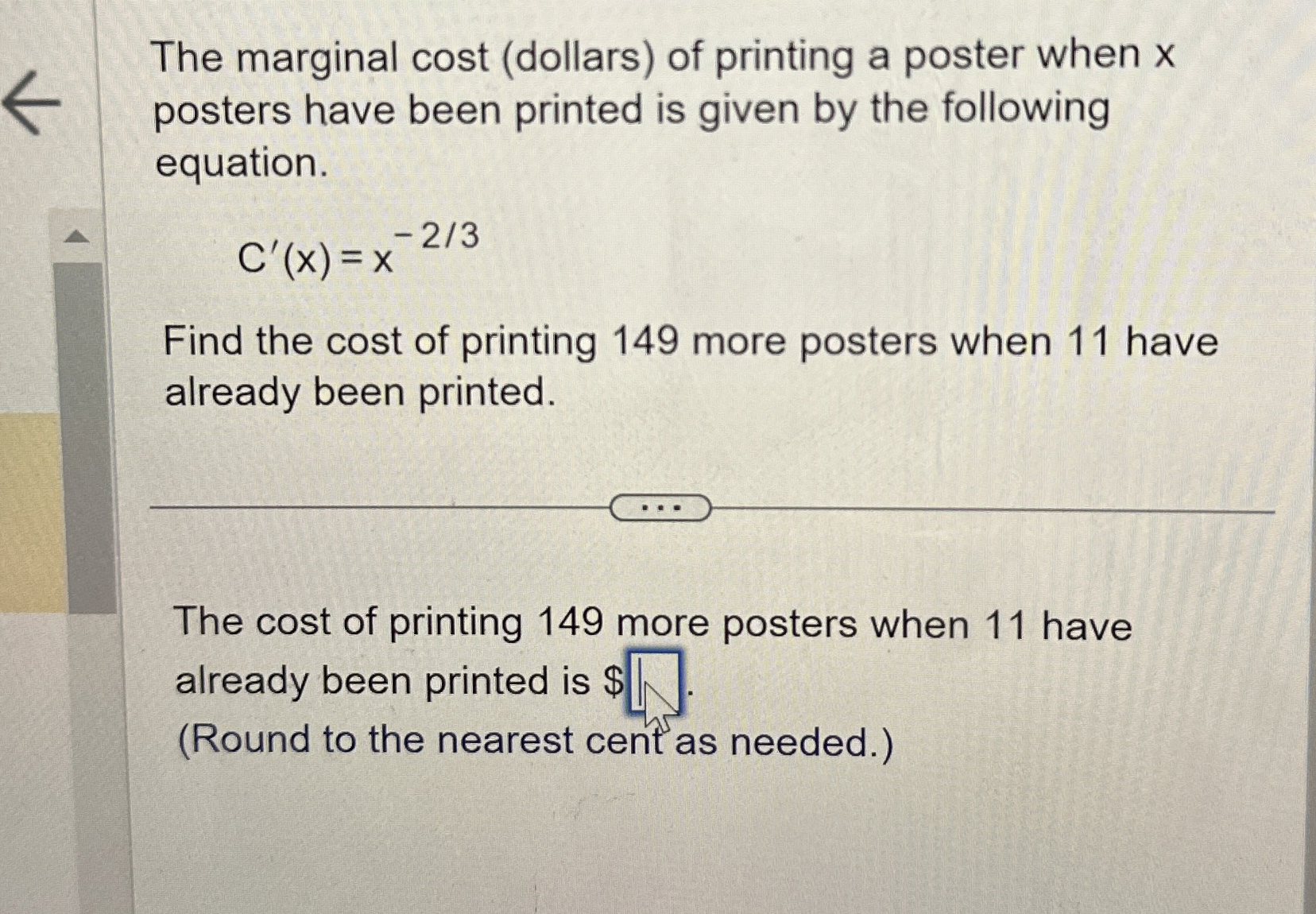 Solved The marginal cost (dollars) ﻿of printing a poster | Chegg.com