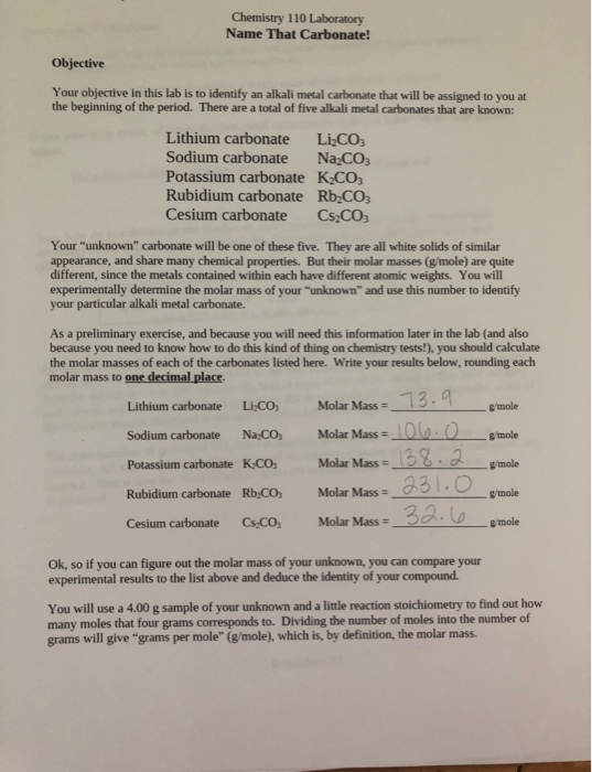 Solved Chemistry 110 Laboratory Name That Carbonate! | Chegg.com