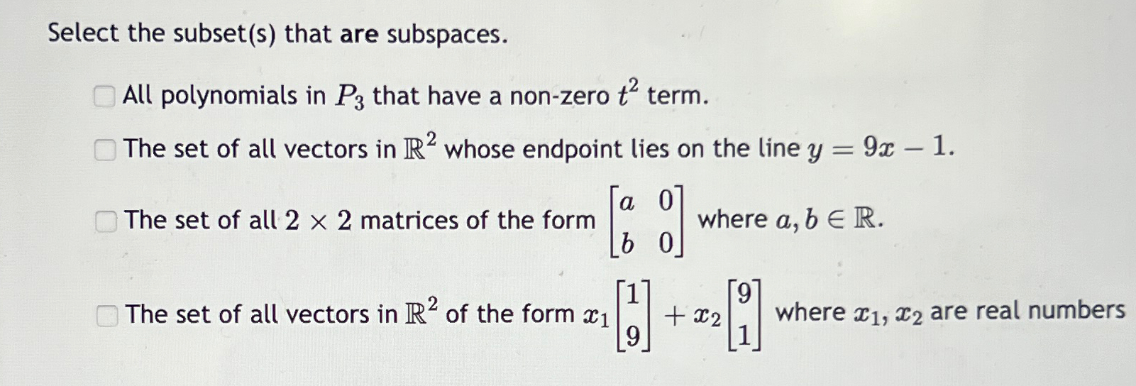 Solved Select the subset(s) ﻿that are subspaces.All | Chegg.com