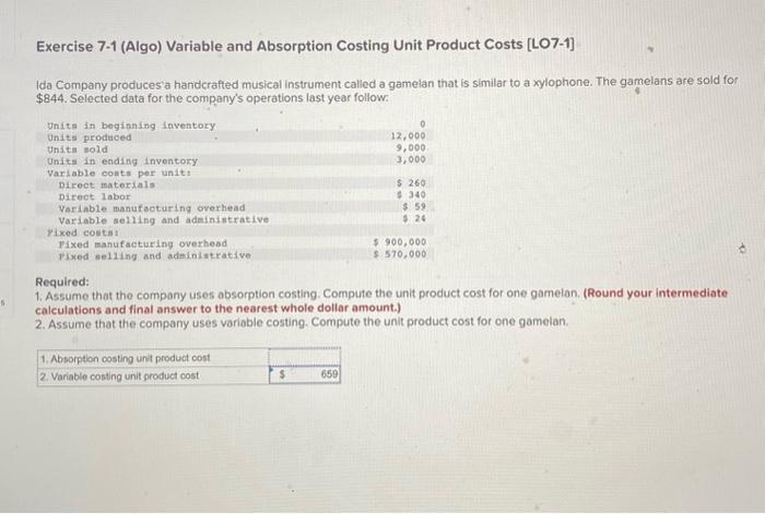 Solved Exercise 7-1 (Algo) Variable and Absorption Costing | Chegg.com