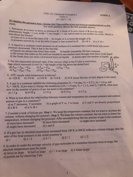 Solved CHE 131 Chemical Principles I FORMA TEST 2 AY 2017-18 | Chegg.com
