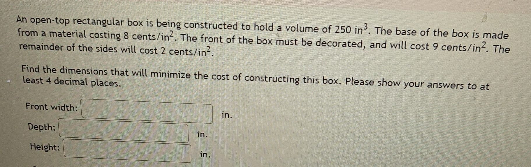 Solved what is the correct answers？An open-top rectangular | Chegg.com