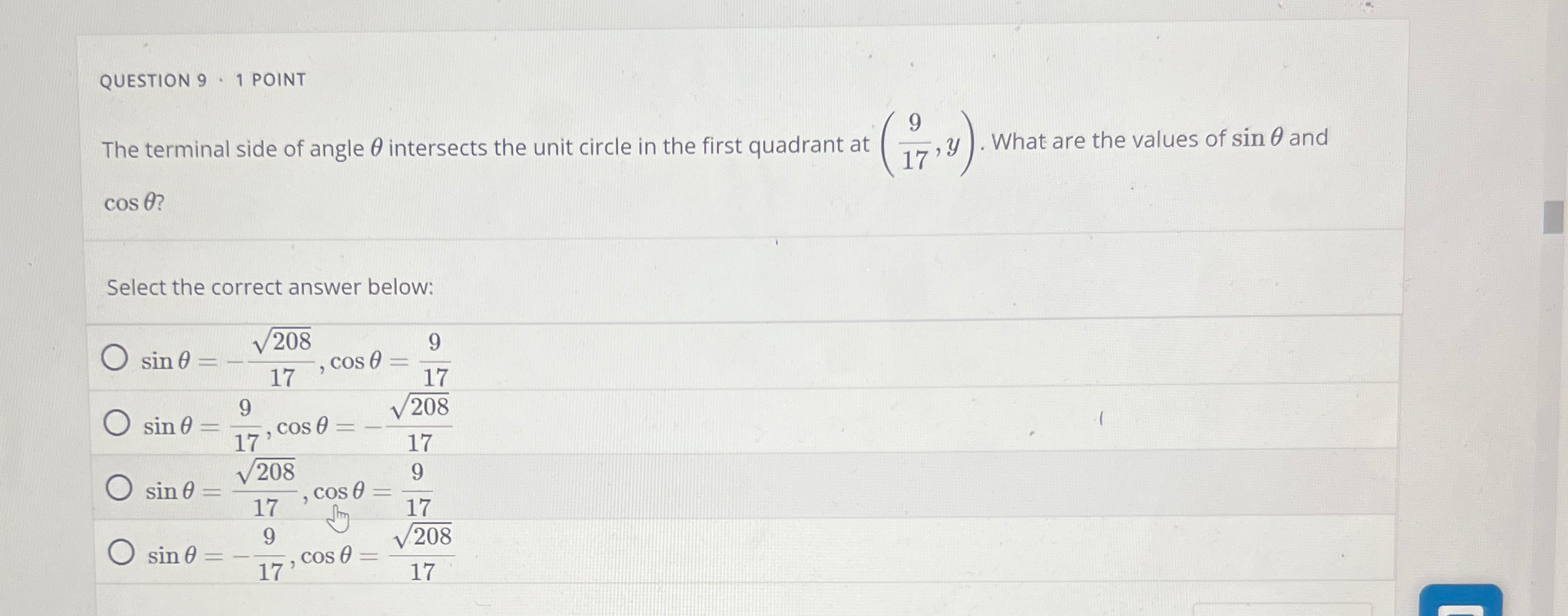 Solved QUESTION 9 - 1 ﻿POINTThe terminal side of angle θ | Chegg.com