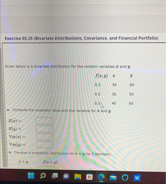 Solved Exercise 05.25 (Bivariate Distributions, Covariance, | Chegg.com