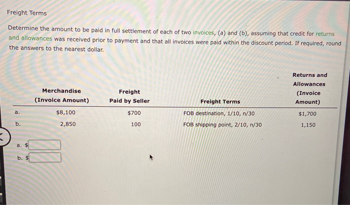 Solved Freight Terms Determine the amount to be paid in full | Chegg.com