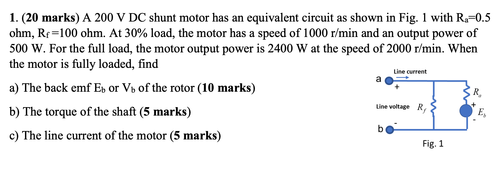 Solved (20 ﻿marks) ﻿A 200V ﻿DC shunt motor has an equivalent | Chegg.com