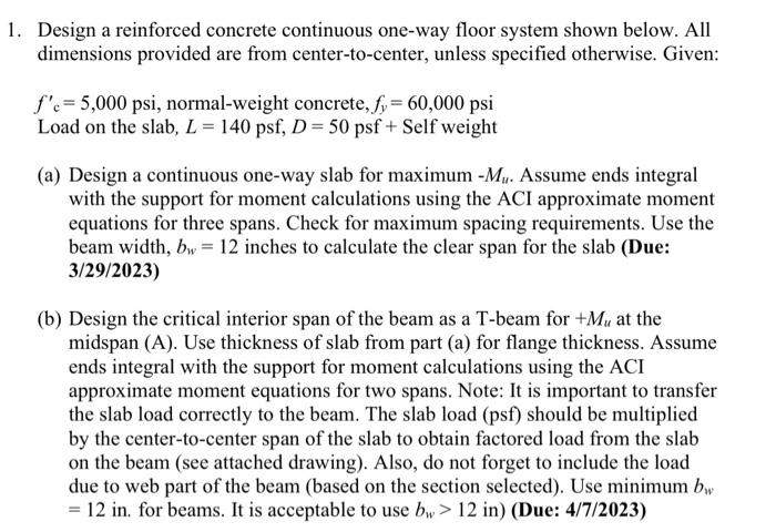 Design a reinforced concrete continuous one-way floor | Chegg.com