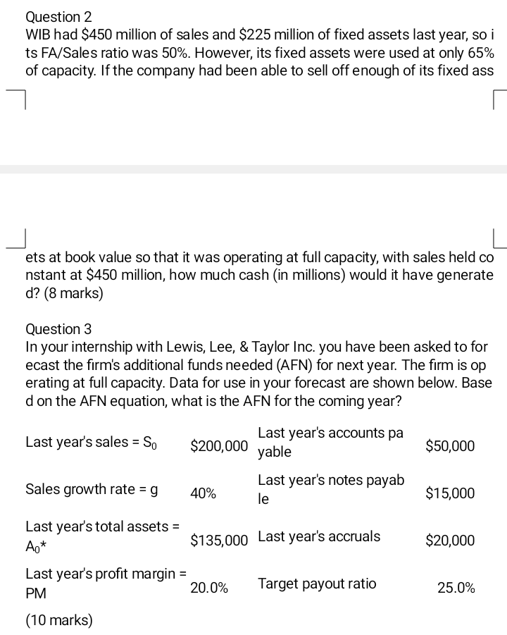 Solved Question 2 WIB had $450 million of sales and $225 | Chegg.com