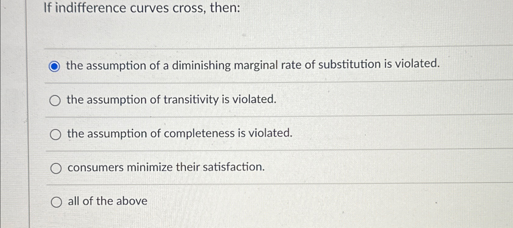 Solved If indifference curves cross, then:the assumption of | Chegg.com
