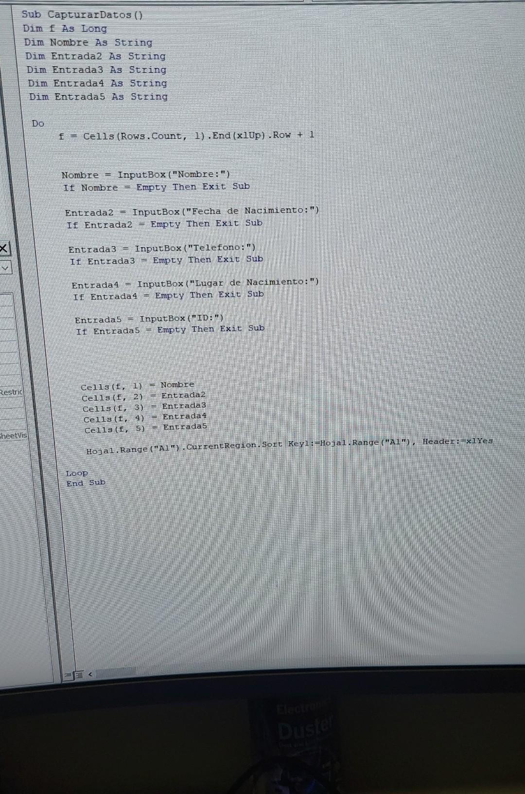 Solved Sub CapturarDatos () Dim f As Long Dim Nombre As | Chegg.com