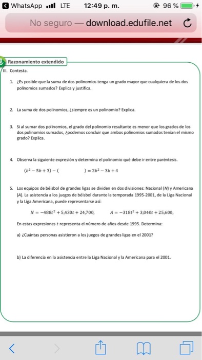 Solved WhatsApp LTE 12:49 p. m. 95% + No seguro - | Chegg.com