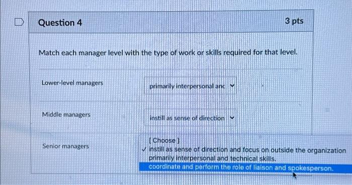 Question 4 Match each manager level with the type of | Chegg.com