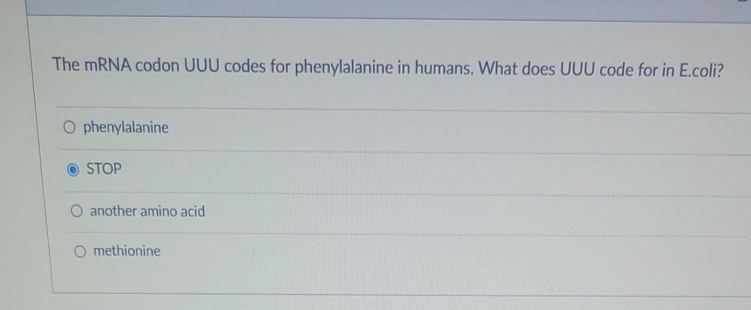 Solved The mRNA codon UUU codes for phenylalanine in humans. | Chegg.com