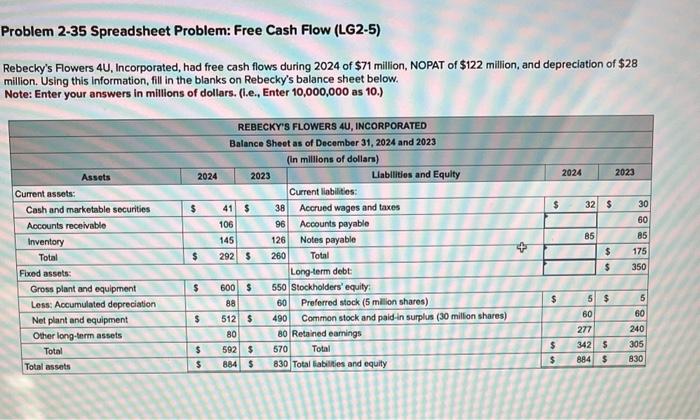 Solved Problem 2-35 Spreadsheet Problem: Free Cash Flow | Chegg.com Solved Problem 2-35 Spreadsheet Problem: Free Cash Flow | Chegg.com