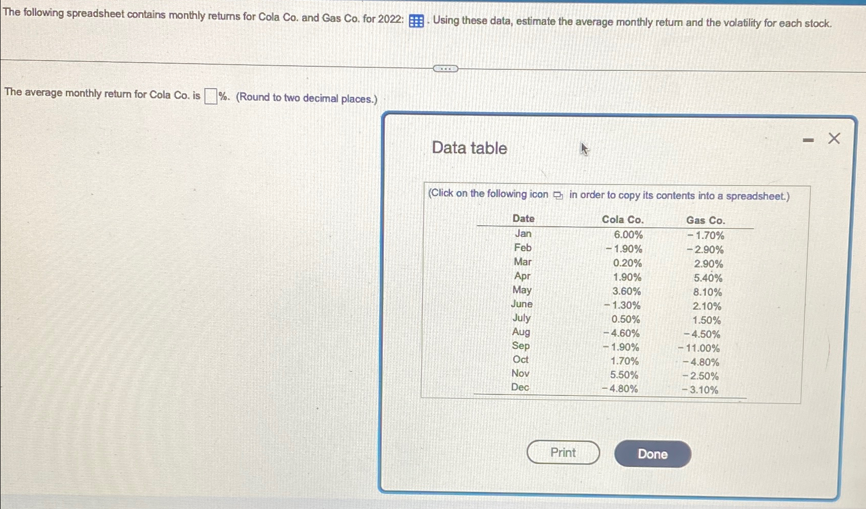 Solved The following spreadsheet contains monthly returns | Chegg.com