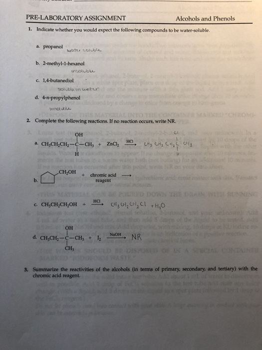 Solved PRE-LABORATORY ASSIGNMENT Alcohols and Phenols 1. | Chegg.com