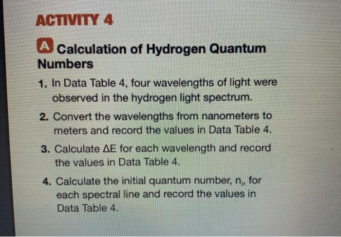 Solved ACTIVITY 4 A Calculation of Hydrogen Quantum Numbers | Chegg.com